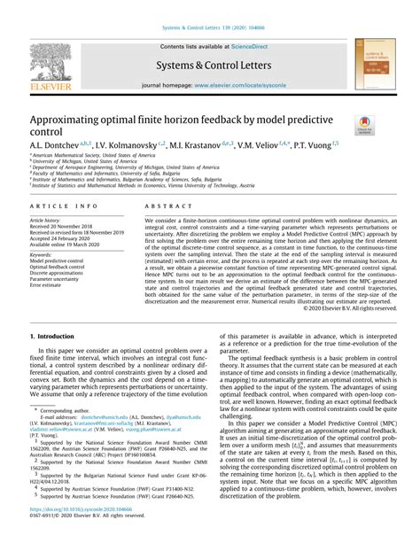 Pdf Approximating Optimal Finite Horizon Feedback By Model Predictive
