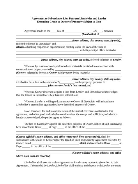 Subordination Lien Agreement Blank Fillable Template Fill Out