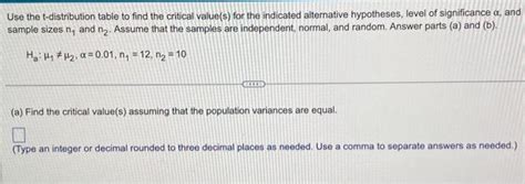 Solved Use The T Distribution Table To Find The Critical Chegg Com