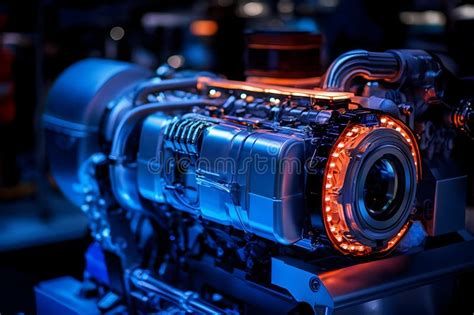 Illuminated Engine With Blue And Orange Accents In Industrial Setting
