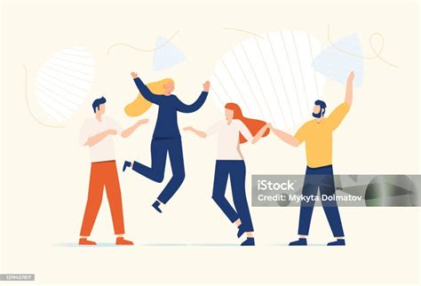 화려한 플랫 스타일의 추상적 인 기하학적 모양으로 손을 잡고 걷는 행복한 친구 젊은 다양한 사람들 그룹 일함에 대한 스톡 벡터 아트 및 기타 이미지 Istock