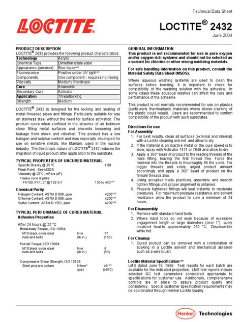 Loctite 2432 Technical Data Sheet Pdf Adhesive Materials