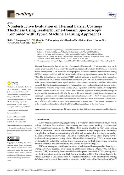 Pdf Nondestructive Evaluation Of Thermal Barrier Coatings Thickness Using Terahertz Time
