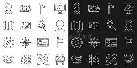 Set Line Road Barrier Location Marker City Map Navigation Folded And Search Location Icon