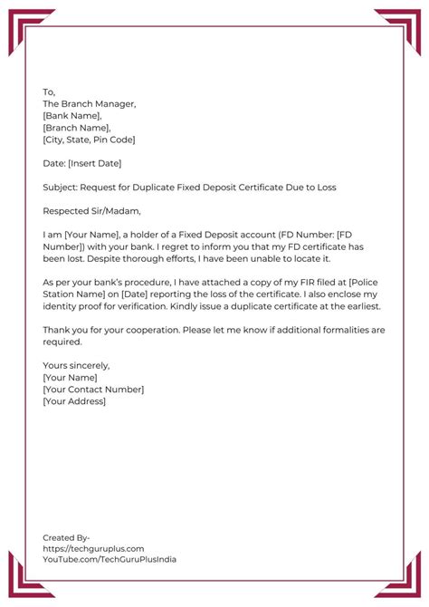 Application For Issuance Of Duplicate Fixed Deposit Certificate 5 Format