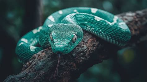 Vivid Emerald Green Tree Python Perched On Branch Striking Wildlife