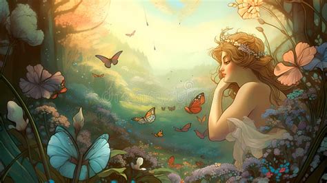 Art Nouveau Fairy Illustration In A Magical Sunlit Forest Desktop