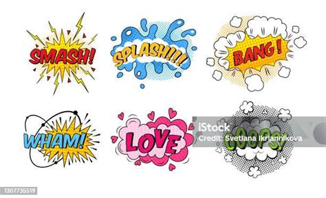 만화 연설 거품 따옴표 느낌표 놀라움 감탄 분노 음향 효과 팝 아트와 음성 구름 만화 연설 거품 붐 버스트 구름 만화 패턴 개체 그룹에 대한 스톡 벡터 아트 및 기타 이미지