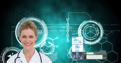 Portrait Of Caucasian Female Doctor Smiling Over Digital Interface With