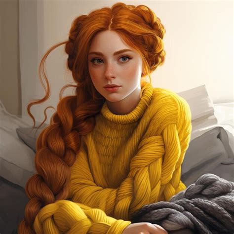 Premium Ai Image Animated Year Old Redhead Chunky Cable Knit Yellow Cardigan Knitting Braided Hair