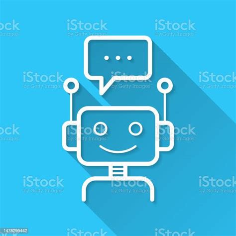말풍선이 있는 챗봇 파란색 배경에 아이콘 긴 그림자가 있는 평면 디자인 3차원 형태에 대한 스톡 벡터 아트 및 기타 이미지 3차원 형태 Brand Name Online