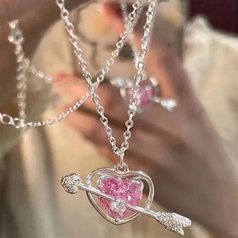 Vintage Cupid Eros Arrow Heart Crystal Pendant Necklace Women Luxury Romantic Love Necklace