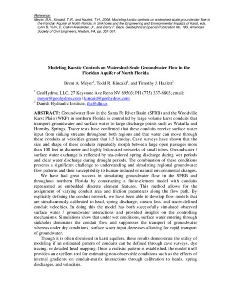 Pdf Modeling Karstic Controls On Watershed Scale Groundwater Flow In The Floridan Aquifer Of