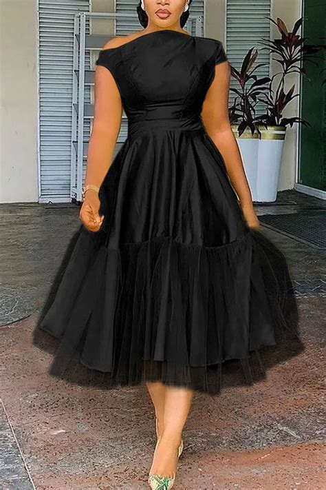 Plus Size Black Elegant A Line Tulle Solid Midi Dress