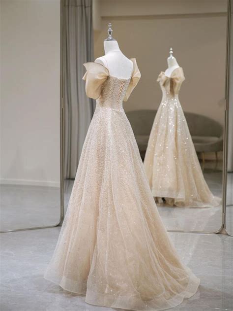 Champagne Sequins Off The Shoulder Bow Prom Dress