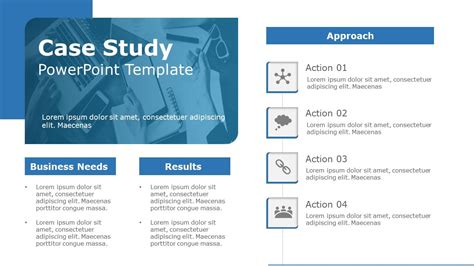 Blue And Gray Case Study Layout With Process Icons Powerpoint Template