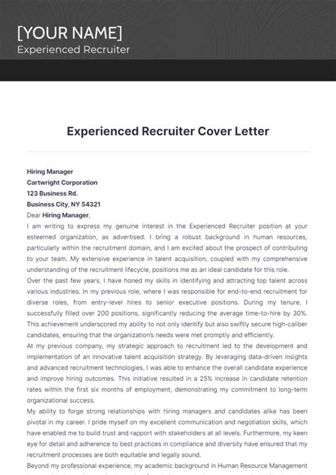 Free Experienced Recruiter Cover Letter Template To Edit Online