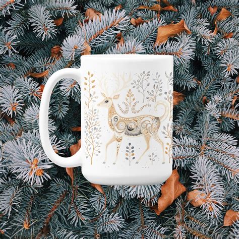 Vintage Reindeer Folk Art Coffee Mug Christmas Stag Mug Vintage