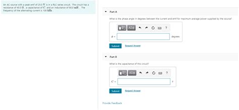 Solved An AC Source With A Peak Emf Of V Is In A RLC Chegg Com