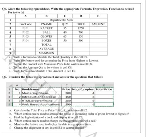 Q6 Given The Following Spreadsheet Write The Appropriate Formula Expre