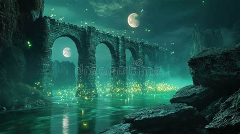 Fantasy Bastei Brigde Over A Mystical River Under Twin Moons