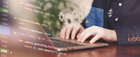Programmer At Home Writes Programming Code Script On Virtual Screen Stock Image Image Of