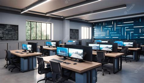 premium photo a classroom with numerous computers and desks