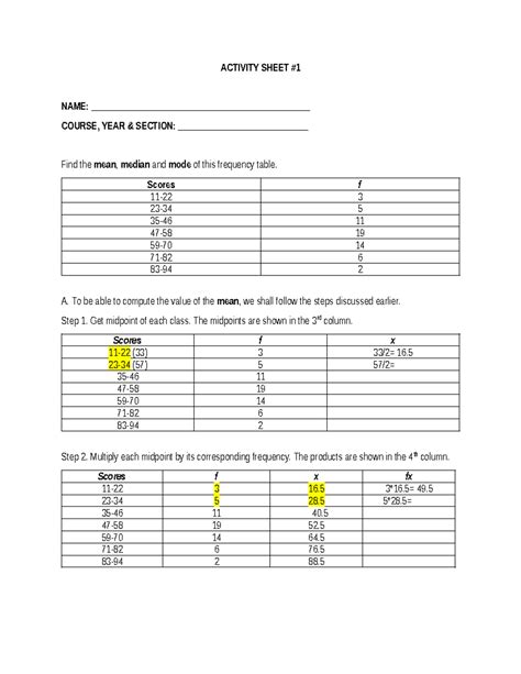 Mean Median And Mode Of Grouped Data Activity Sheet Name Studocu