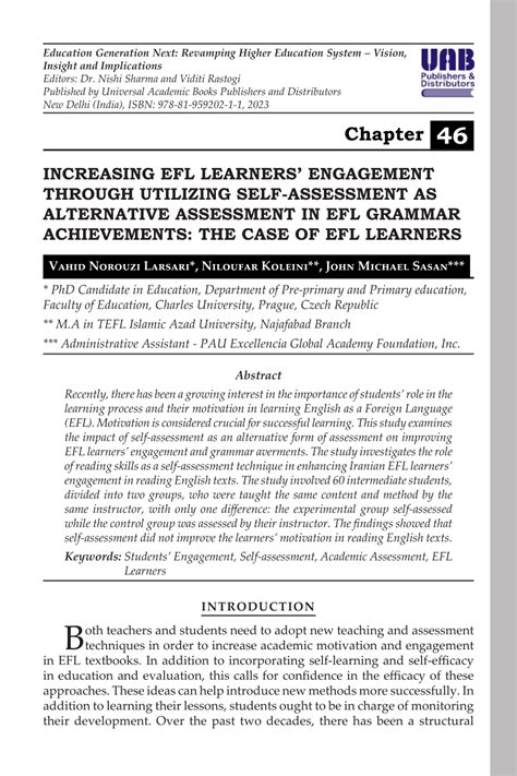 Pdf Increasing Efl Learners Engagement Through Utilizing Self Assessment As Alternative