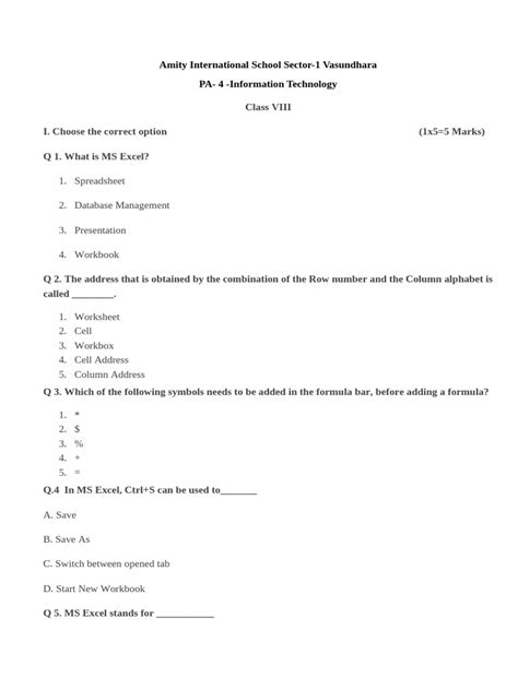 Ms Excel Revision Worksheet Pdf Career And Growth Computers