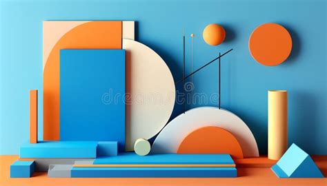 Colorful Geometric Shapes Create A Vibrant Abstract Art Composition On A Blue Background Stock