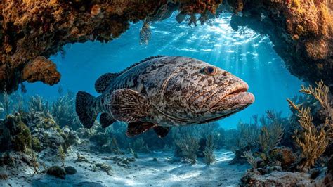 Giant Grouper Swims Through Sunlit Coral Reef Cave Habitat Stock
