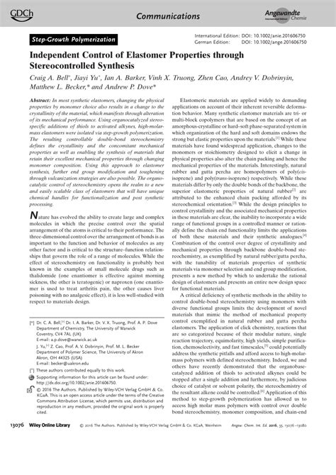 Pdf Independent Control Of Elastomer Properties Through Stereocontrolled Synthesis