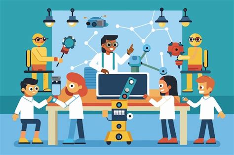 Premium Vector Students Programming Swarm Robotics In Robotics Lab Illustration
