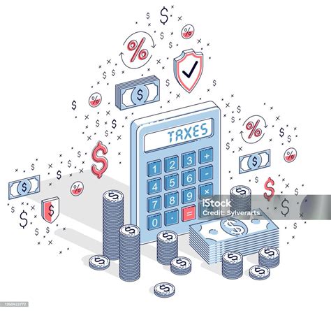 현금 돈 스택과 동전 더미와 계산기는 흰색 배경 세금 개념에 고립 된 더미 아이콘 통계 차트 및 디자인 요소와 Isometric 3d 벡터 금융 일러스트레이션 개념에 대한