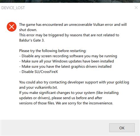 Unrecoverable Vulkan Error More Frequent Rbaldursgate3