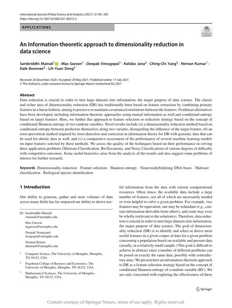 An Information Theoretic Approach To Dimensionality Reduction In Data Science Request Pdf