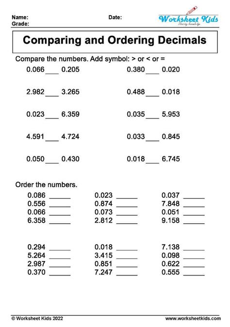 Comparing And Ordering Decimal Worksheets For Grade 4 And Grade 5