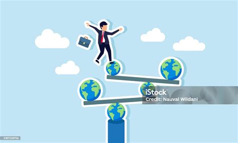 사업가가 지구본과 판자 더미 위에 균형 잡히지 않게 서 있는데 이는 좋은 성과를 보장하기 위해 사업 분야의 일관성을 유지하는