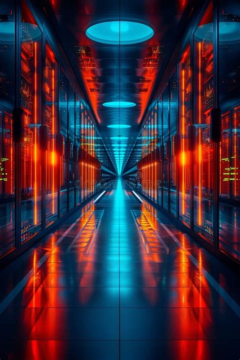 A Server Room With Server Racks In The Dark In The Style Of Light Indigo And Black Glassy