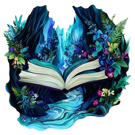 Open Book in a Lush Dreamlike Waterfall Oasis Stock Illustration ...