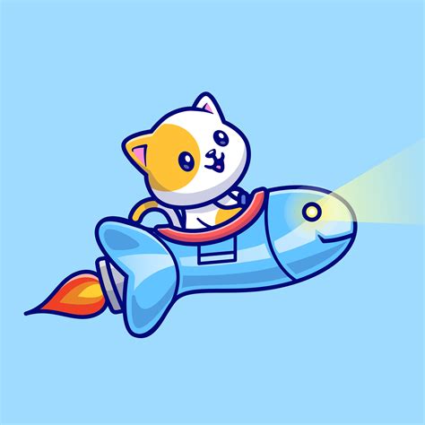 Linda Gato Montando Cohete Pescado En Espacio Dibujos Animados 49756580