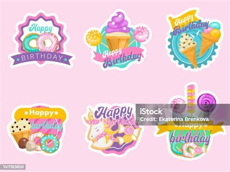 생일 축하 과자 스티커 세트 사탕 쿠키 컵케이크 도넛 아이스크림 롤리팝 손으로 그린 생일 축하 맛있는 컬렉션 딸기에 대한 스톡 벡터 아트 및 기타 이미지 Istock