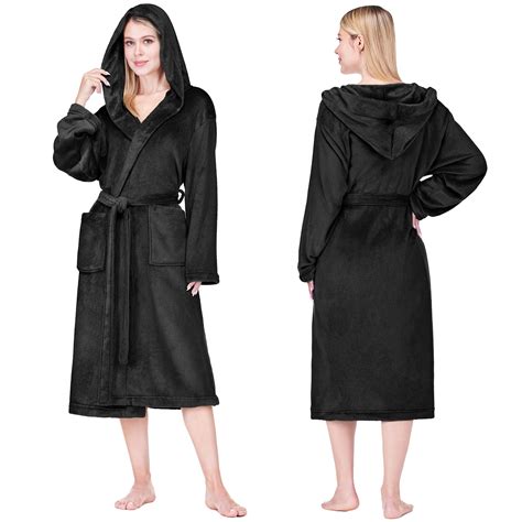 Pavilia Black Women Robe With Hood L Xl Plush Fleece Cozy Soft Long