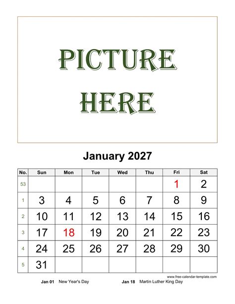 January Printable 2027 Calendar Space For Add Picture Vertical