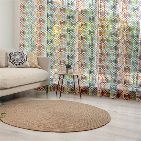 Geometric Tulle Curtains With Rod Pocket Abstract Cubes Isometric Hexagonal Shaped Pattern