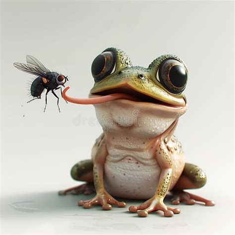 Funny Green Frog Catches A Big Black Fly With A Long Tongue 3d