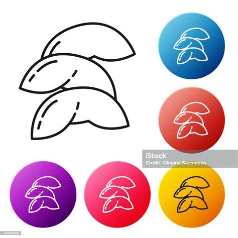 흰색 배경에 고립 된 검은 선 중국 행운 쿠키 아이콘입니다 아시아 전통 아이콘 다채로운 원 버튼을 설정합니다 벡터 일러스트레이션 개념에 대한 스톡 벡터 아트 및 기타 이미지