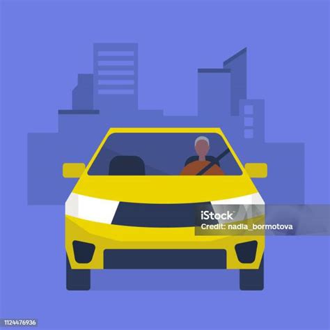 젊은 남성 캐릭터 노란 차를 운전 도시 생활양식입니다 택시 서비스입니다 평면 편집 가능한 벡터 일러스트 레이 션 클립 아트 차에 대한 스톡 벡터 아트 및 기타 이미지