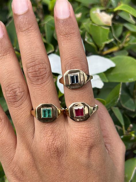 Customizable Baguette Cut Ruby Signet Ring 14kt Solid Yellow Gold Ruby